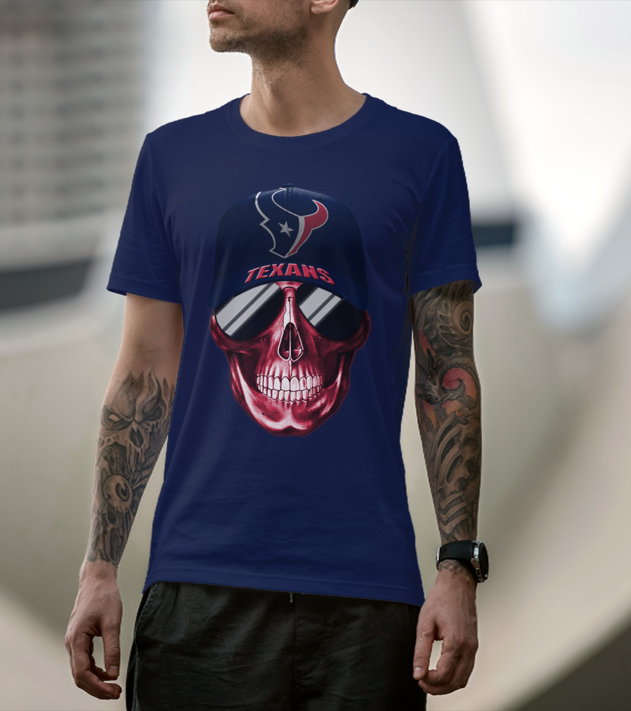 Houston Texans Skull With Cap And Sunglasses T-Shirt