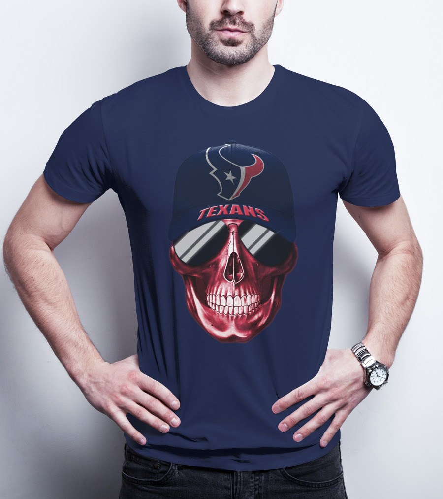 Houston Texans Skull With Cap And Sunglasses T-Shirt