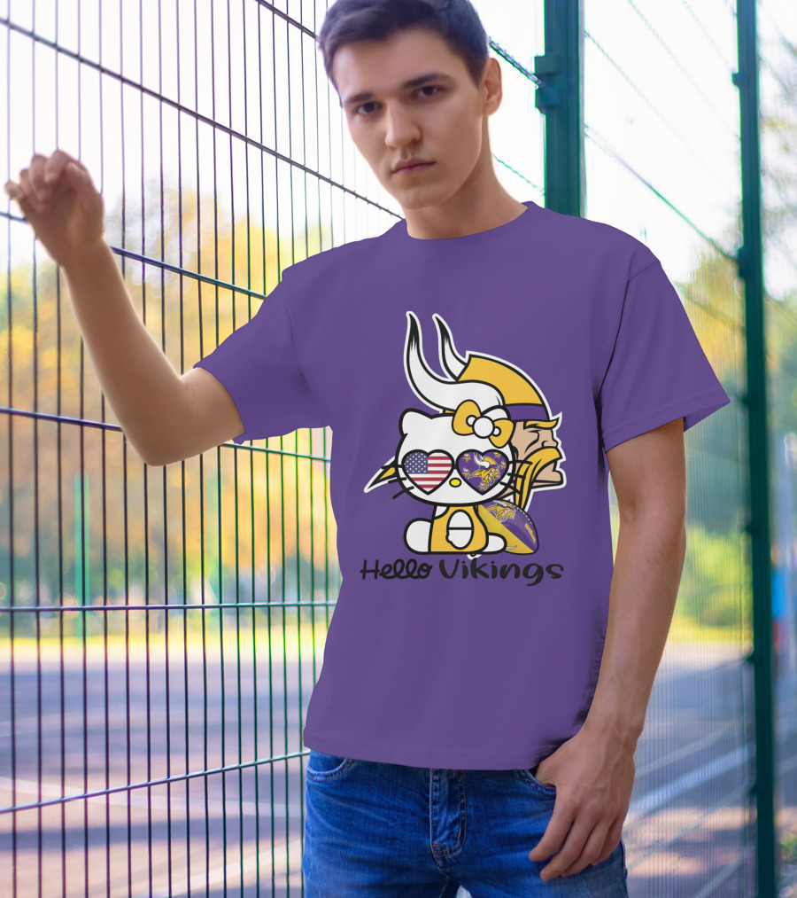 Hello Vikings Minnesota Vikings Fan Art Purple Football Kitty T-Shirt