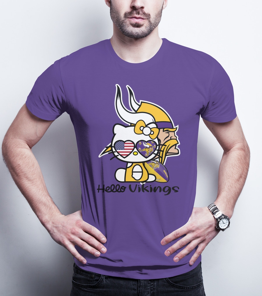 Hello Vikings Minnesota Vikings Fan Art Purple Football Kitty T-Shirt