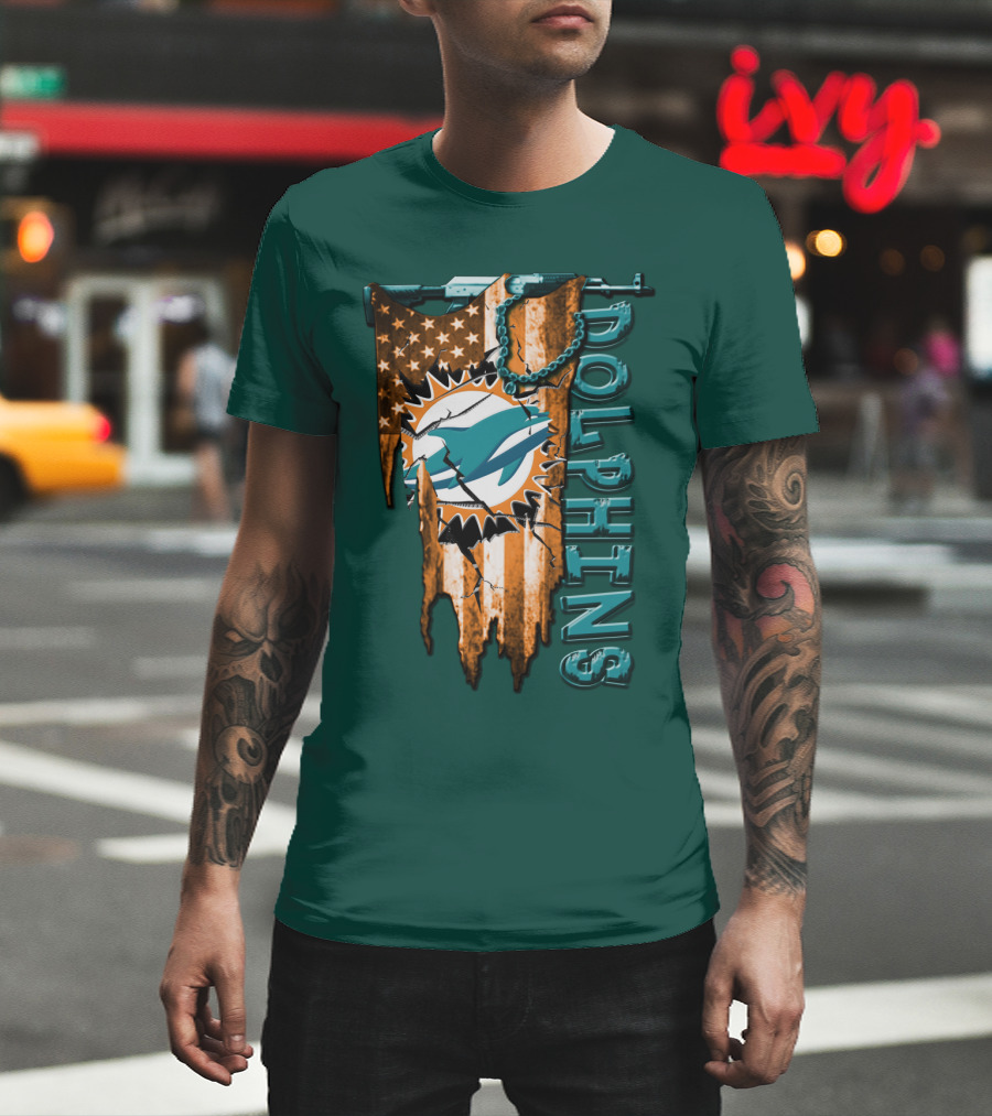 Miami Dolphins Flag And Logo Style With Stars And Stripes T-Shirt
