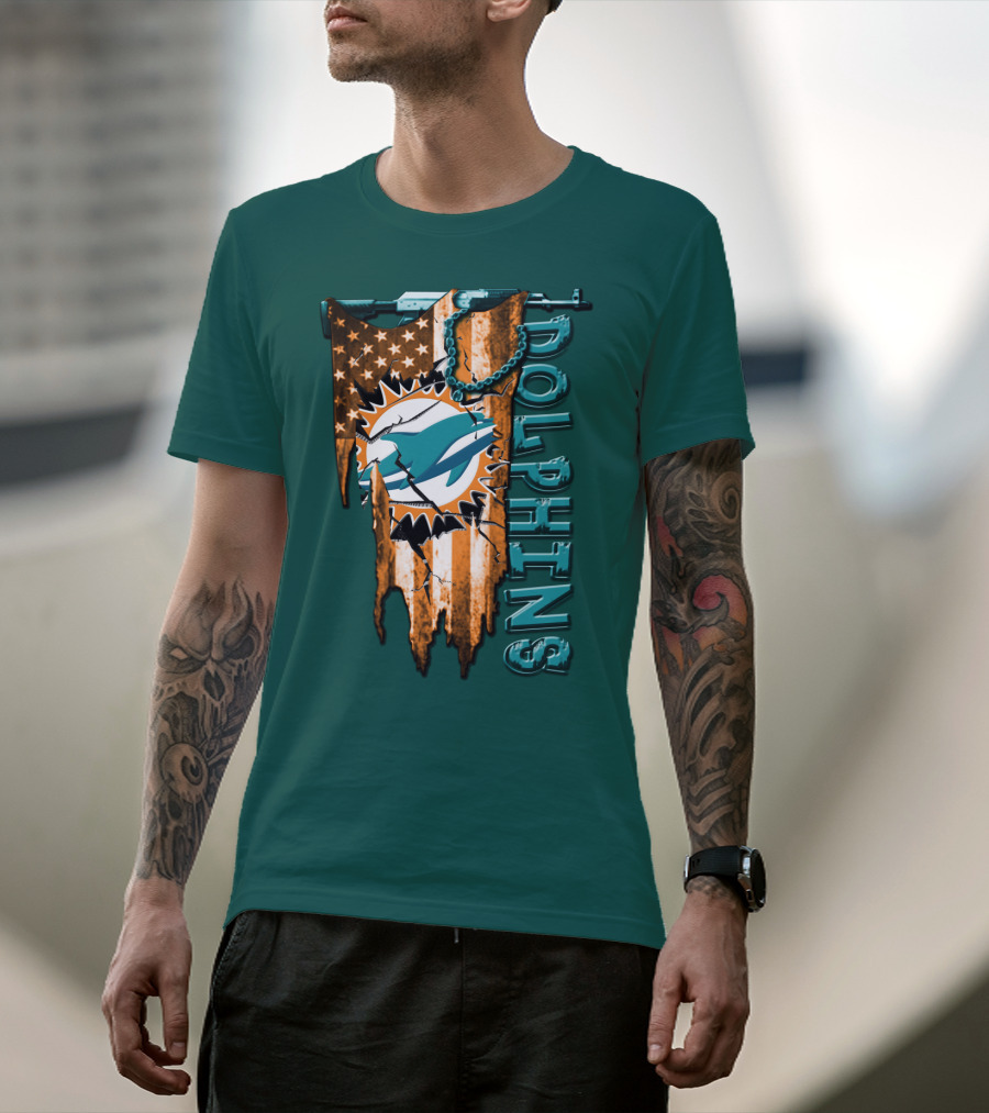 Miami Dolphins Flag And Logo Style With Stars And Stripes T-Shirt