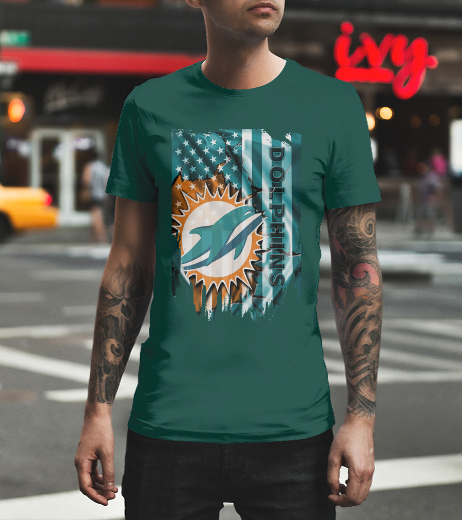 Miami Dolphins American Flag Sunburst Ocean Wave T-Shirt