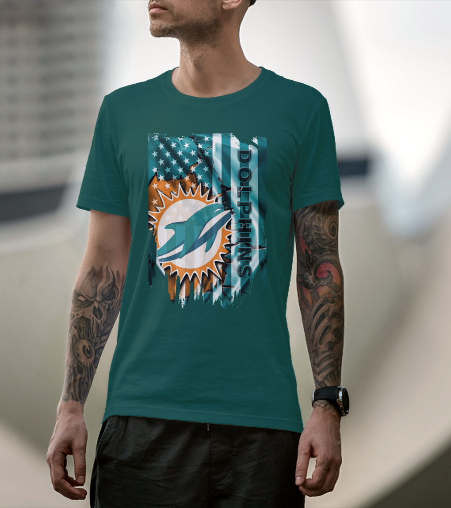 Miami Dolphins American Flag Sunburst Ocean Wave T-Shirt