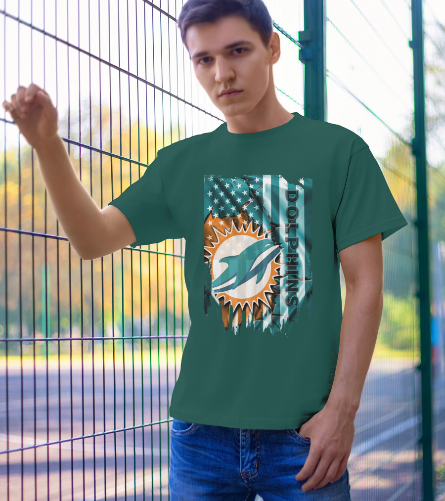 Miami Dolphins American Flag Sunburst Ocean Wave T-Shirt