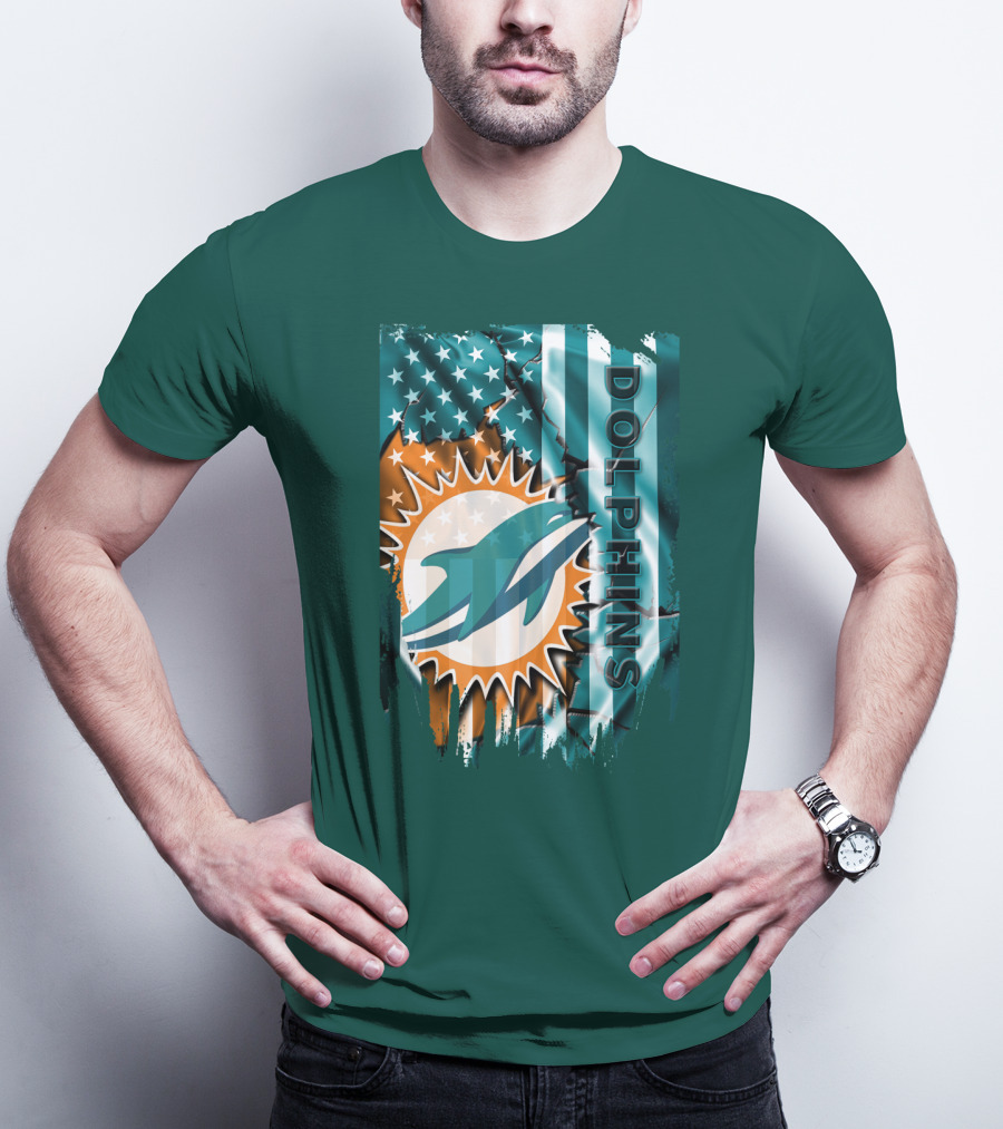 Miami Dolphins American Flag Sunburst Ocean Wave T-Shirt