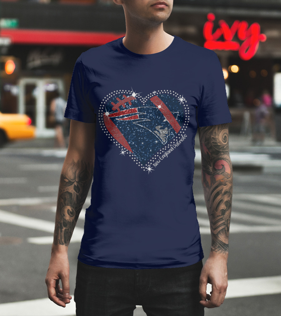 New England Patriots Heart Football Sparkle T-Shirt