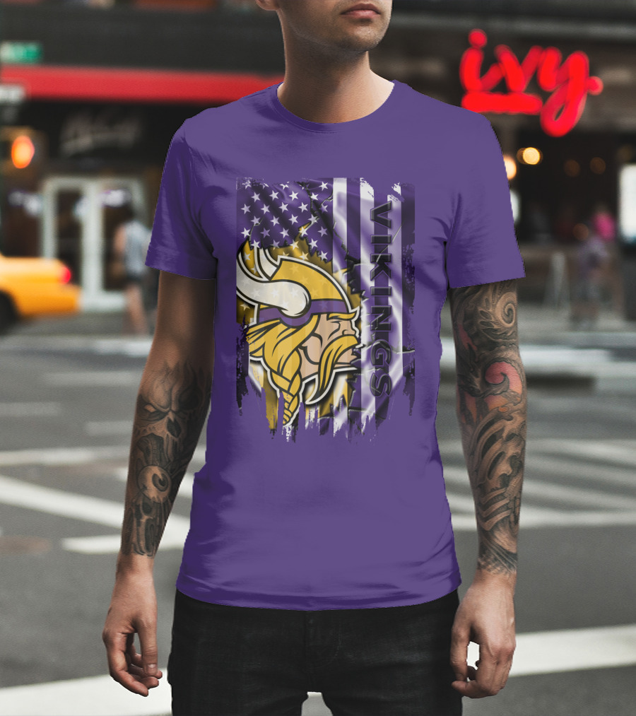 Minnesota Vikings American Flag Stars Stripes Purple Gold Viking Head T-Shirt