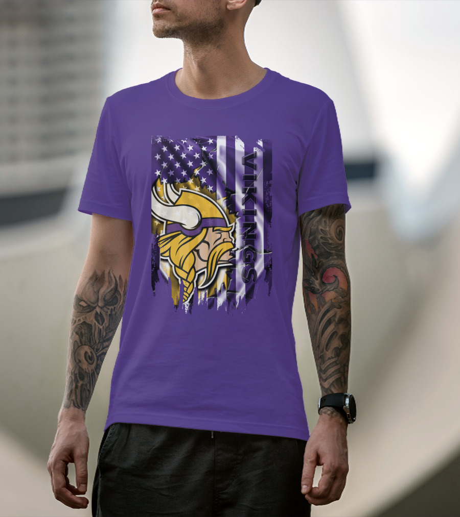 Minnesota Vikings American Flag Stars Stripes Purple Gold Viking Head T-Shirt