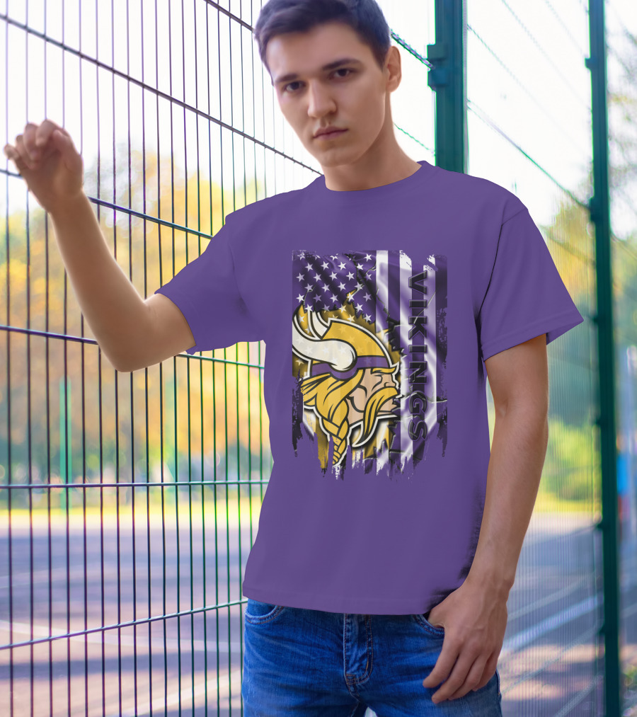 Minnesota Vikings American Flag Stars Stripes Purple Gold Viking Head T-Shirt