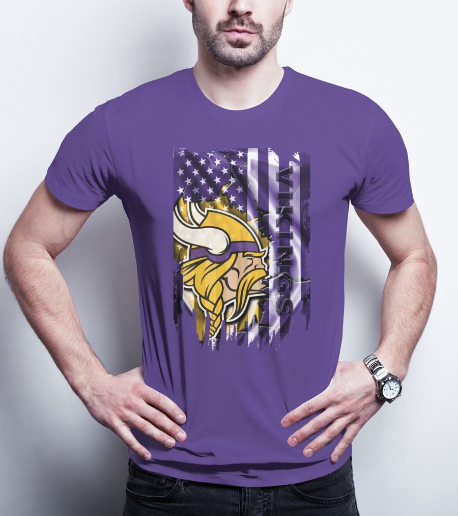 Minnesota Vikings American Flag Stars Stripes Purple Gold Viking Head T-Shirt