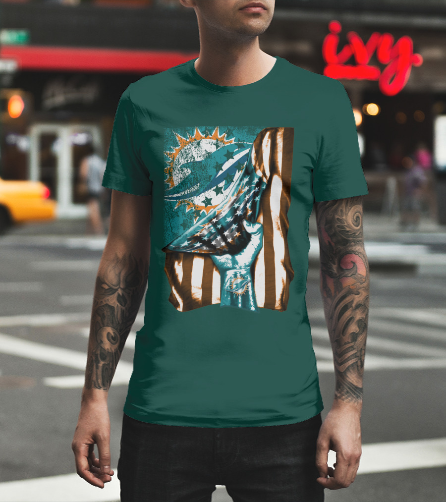 Miami Dolphins American Flag Hand Holding T-Shirt