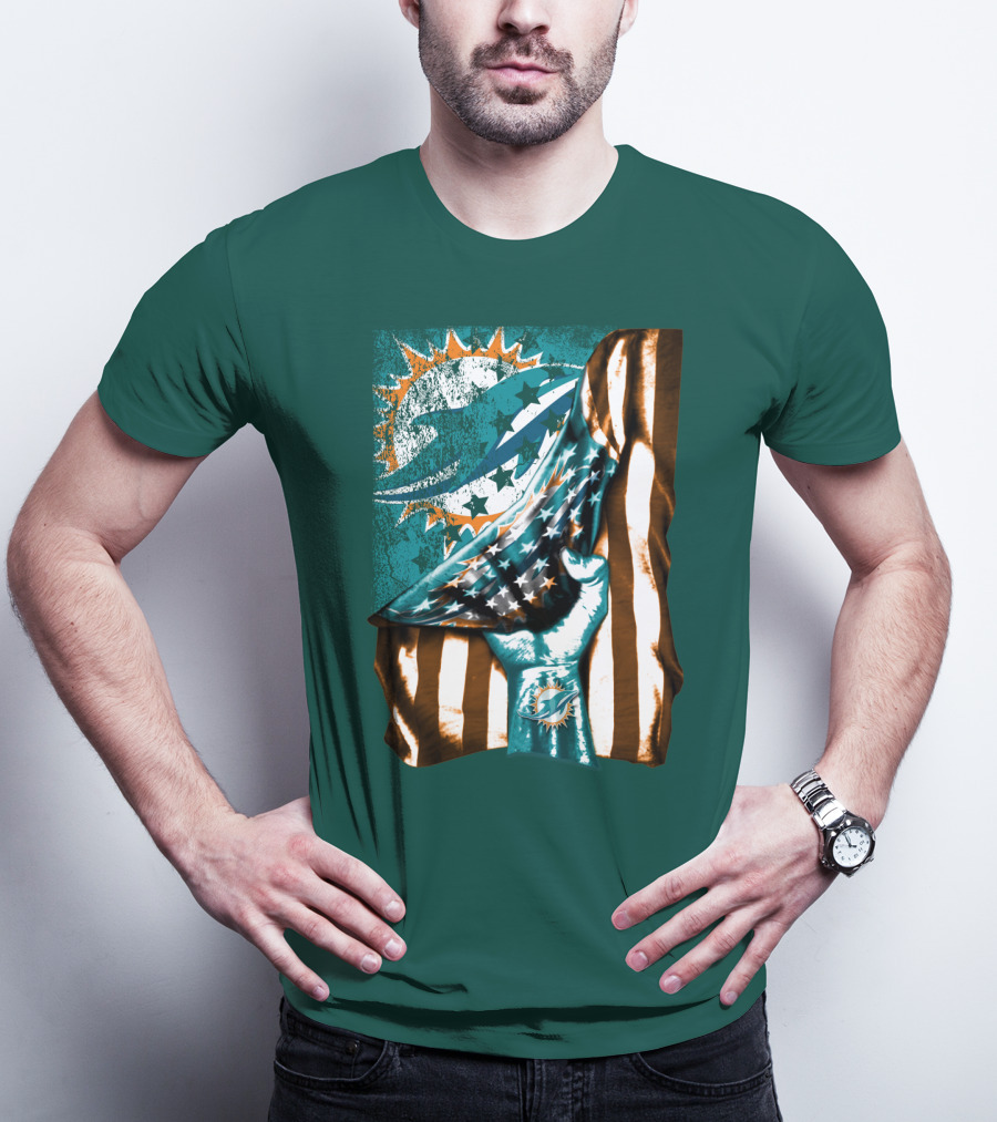 Miami Dolphins American Flag Hand Holding T-Shirt