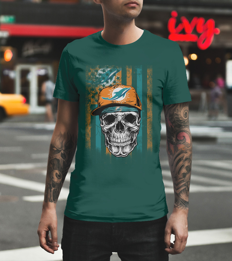 Miami Dolphins Skull With Cap And Logo In Orange And Teal Grunge Style T-Shirt