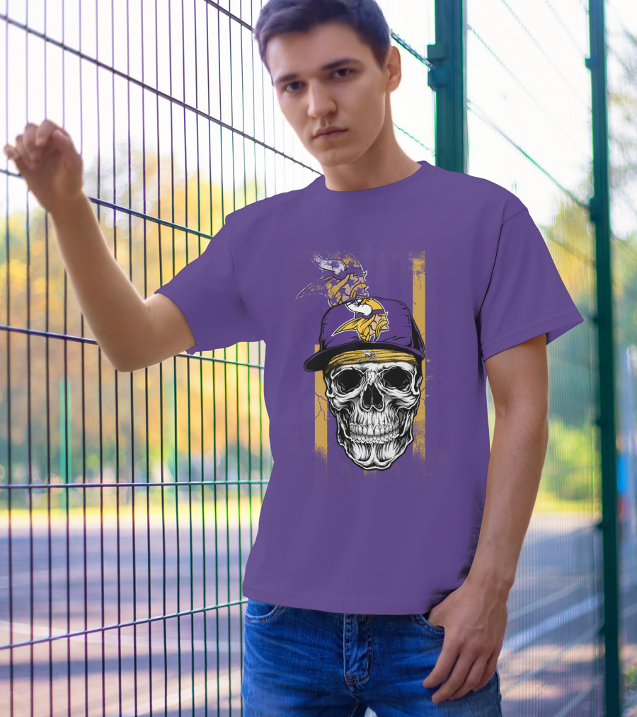 Minnesota Vikings Skull With Cap And Logo On Purple T-Shirt