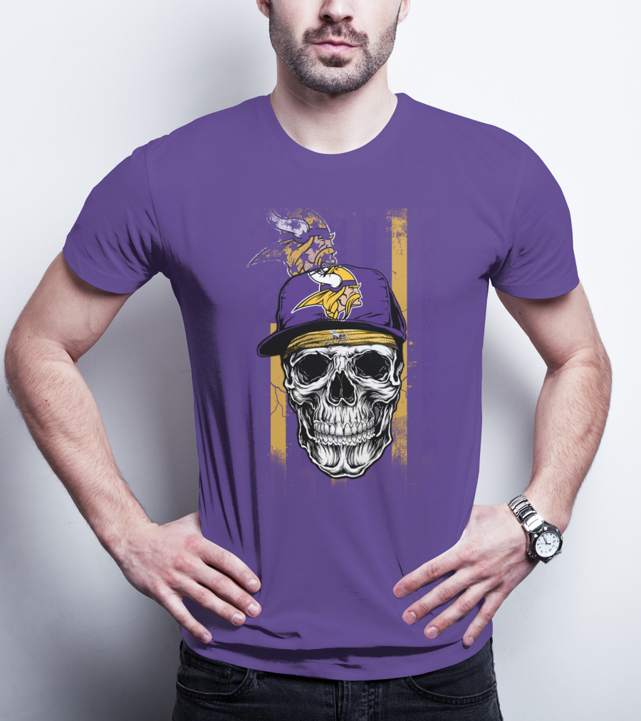 Minnesota Vikings Skull With Cap And Logo On Purple T-Shirt