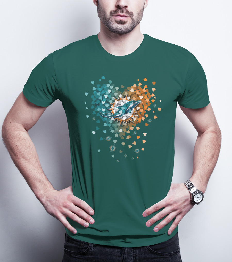 Miami Dolphins Heart Logo With Multicolor Hearts T-Shirt
