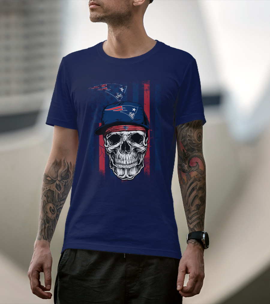 New England Patriots Skull With Cap And Red Blue Stripes T-Shirt