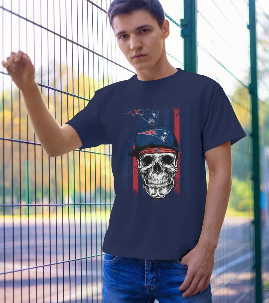 New England Patriots Skull With Cap And Red Blue Stripes T-Shirt