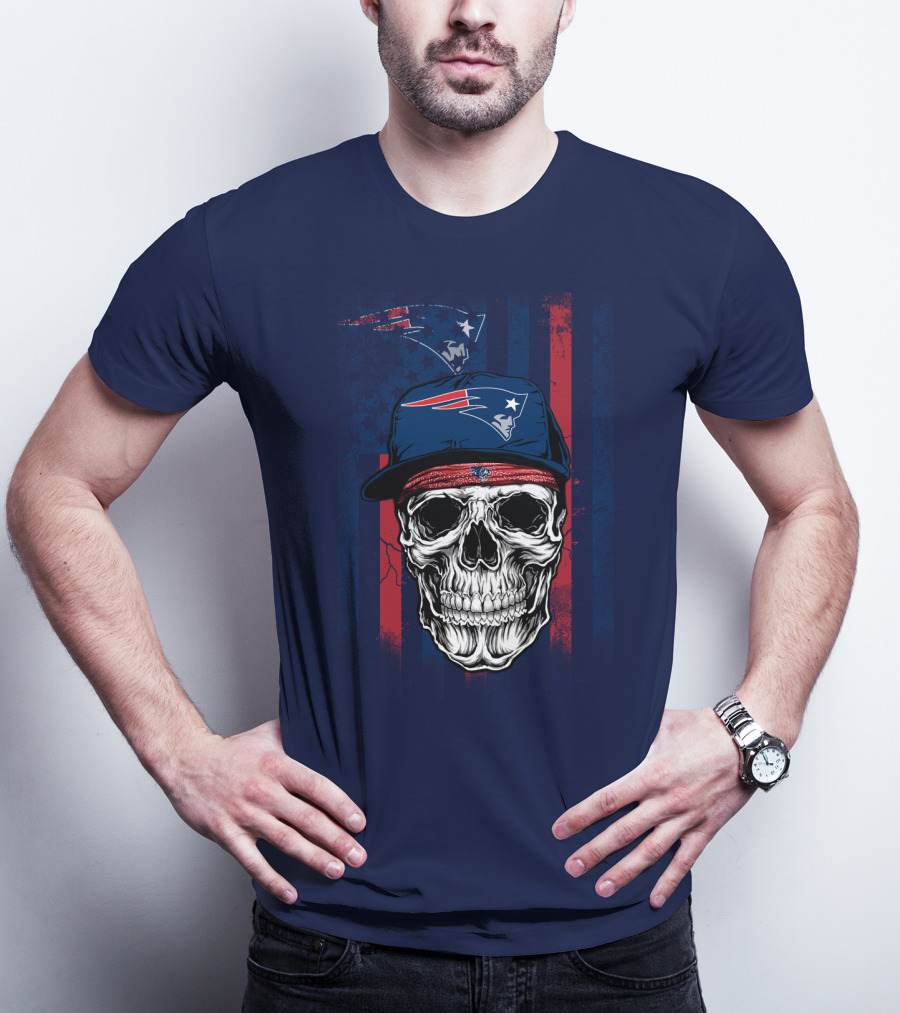New England Patriots Skull With Cap And Red Blue Stripes T-Shirt