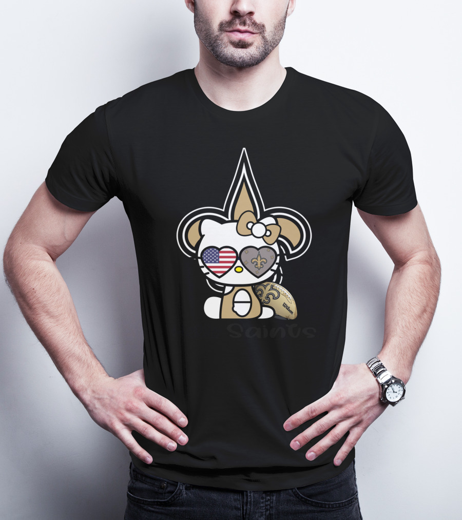 Hello Saints New Orleans Football Fleur-De-Lis Kitty Usa Heart T-Shirt