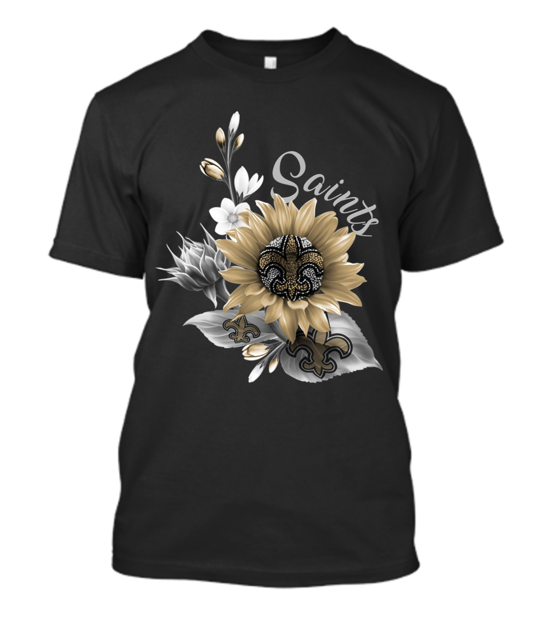 Saints Black And Gold Fleur-De-Lis Floral T-Shirt