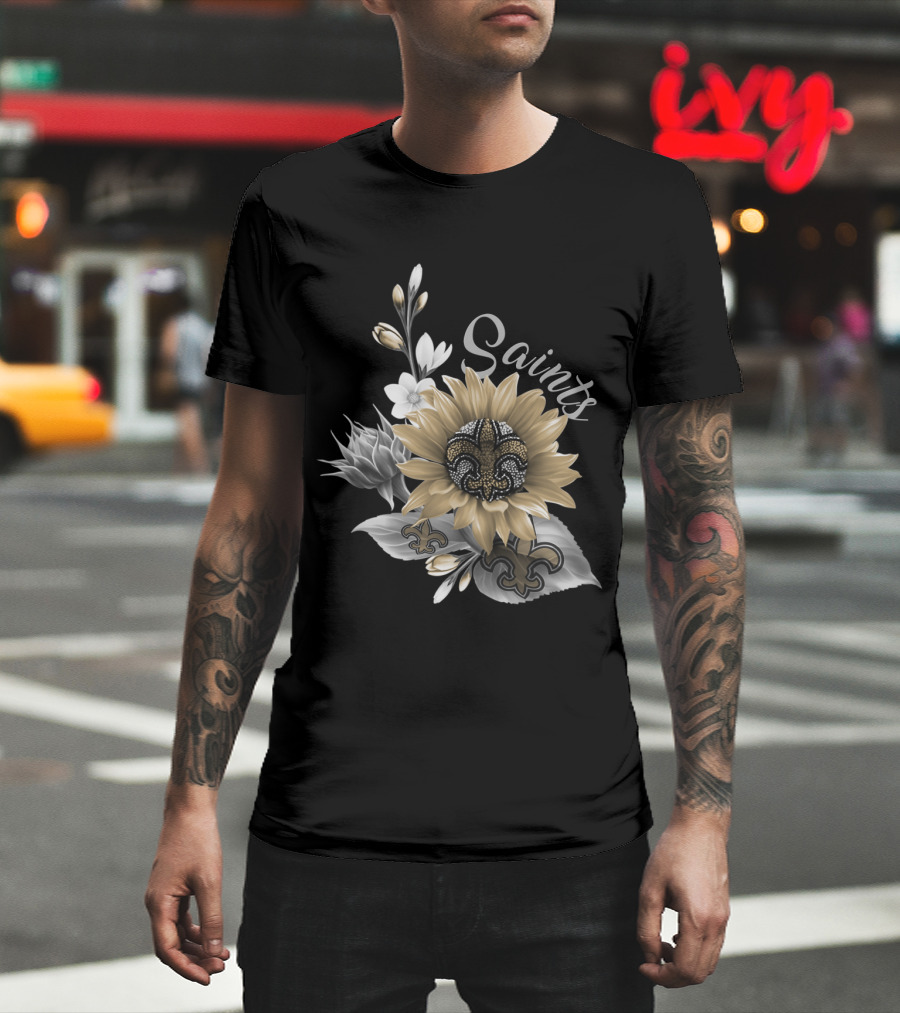 Saints Black And Gold Fleur-De-Lis Floral T-Shirt