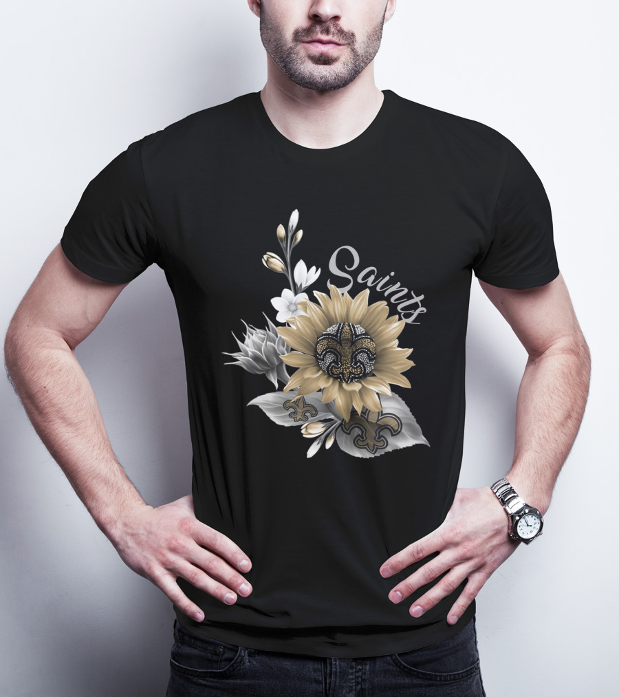 Saints Black And Gold Fleur-De-Lis Floral T-Shirt
