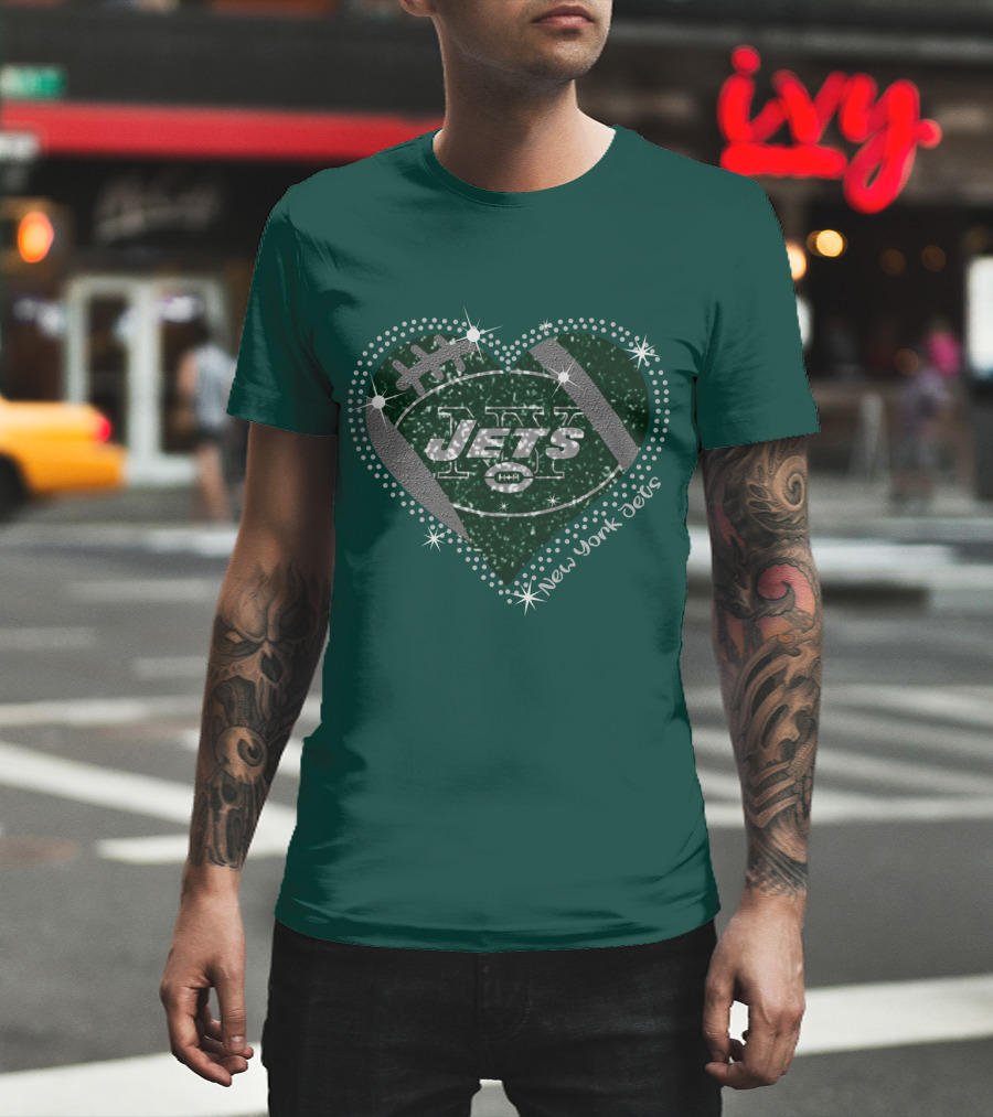 New York Jets Heart Football Sparkle T-Shirt