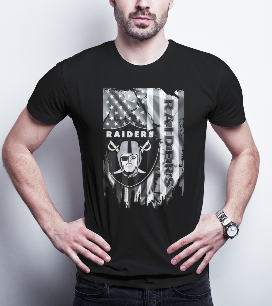 Raiders Nfl Logo With Black And White American Flag T-Shirt