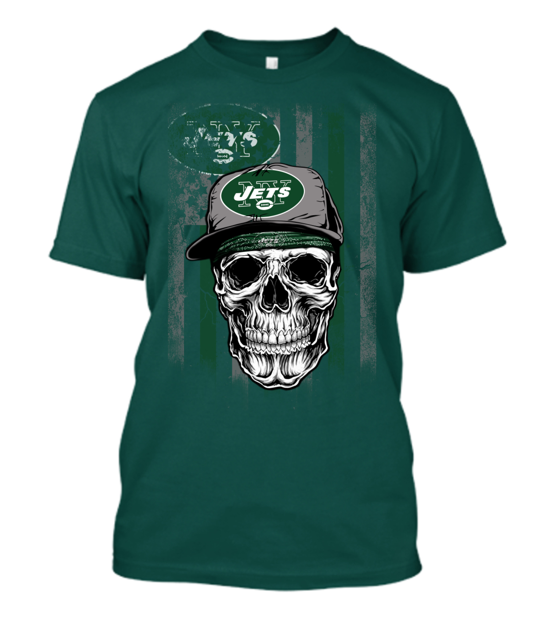 Skull With New York Jets Cap And Logo On Green Stripe T-Shirt