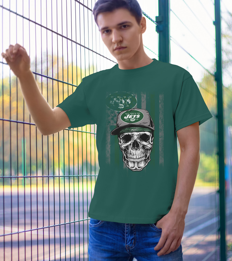 Skull With New York Jets Cap And Logo On Green Stripe T-Shirt