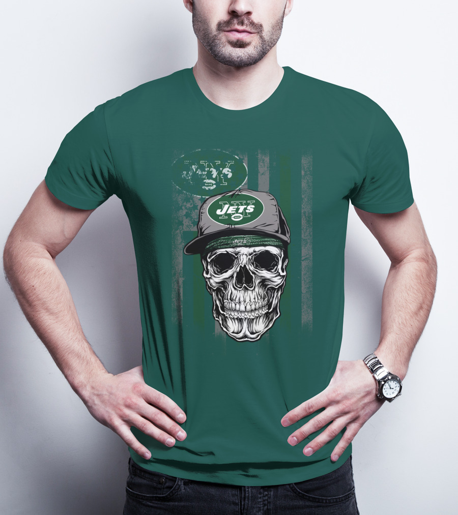 Skull With New York Jets Cap And Logo On Green Stripe T-Shirt