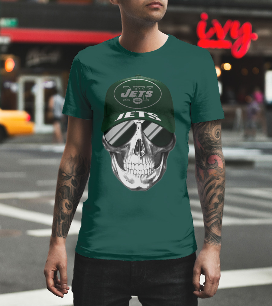 New York Jets Skull With Cap And Sunglasses T-Shirt