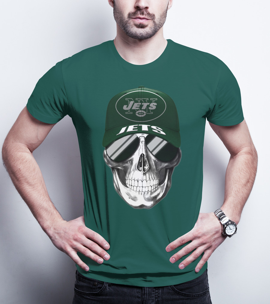 New York Jets Skull With Cap And Sunglasses T-Shirt