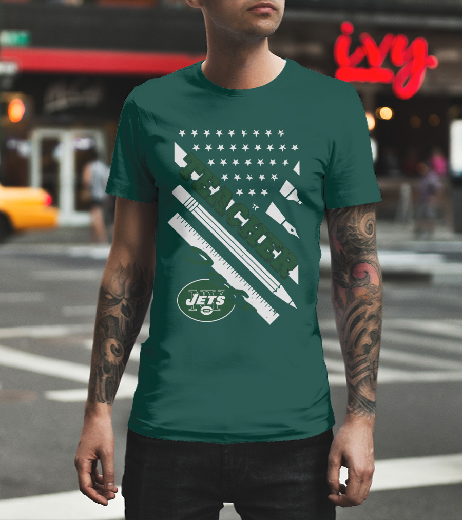 New York Jets Teacher Football Enthusiast American Flag And School Supplies T-Shirt