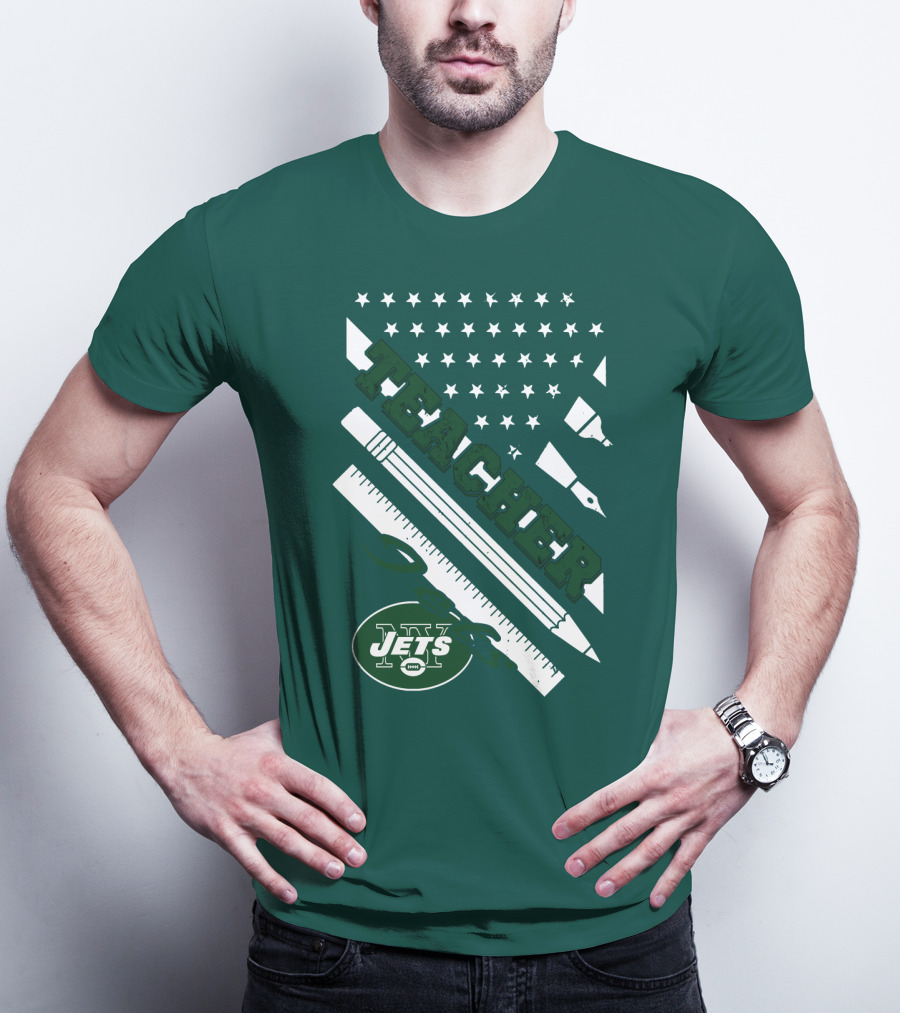 New York Jets Teacher Football Enthusiast American Flag And School Supplies T-Shirt