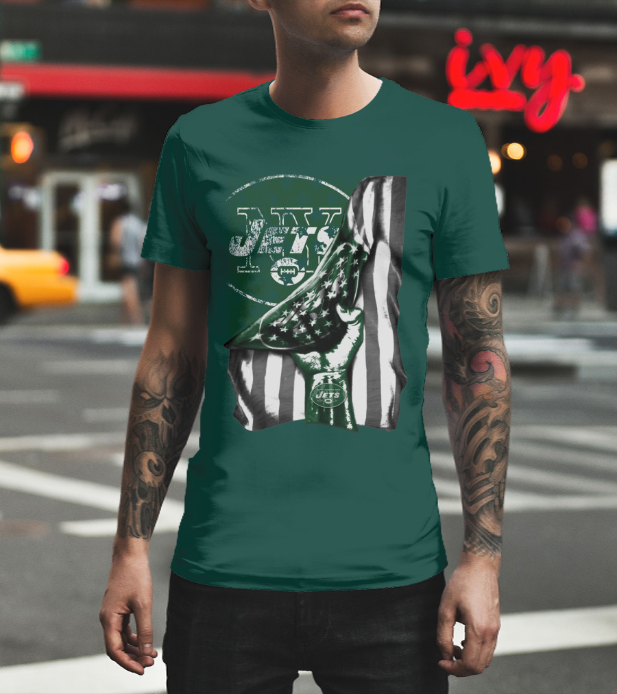 New York Jets Logo With Green And White American Flag And Number One Foam Finger T-Shirt