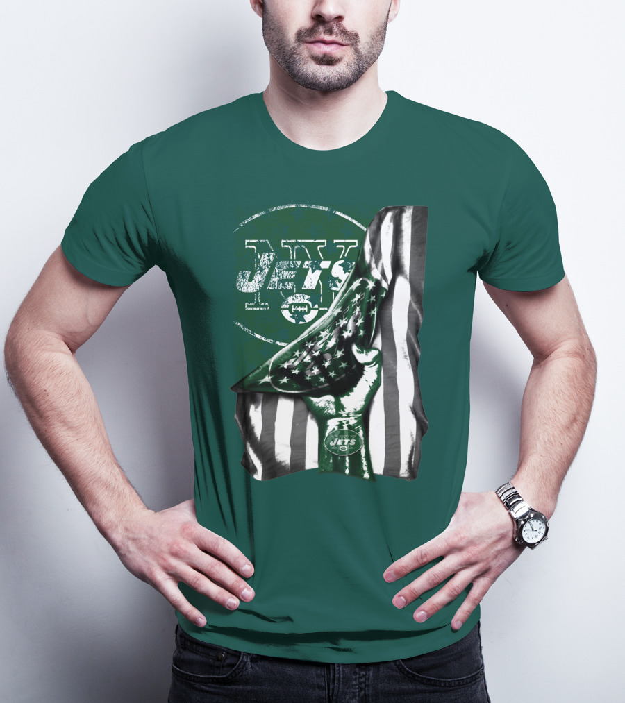New York Jets Logo With Green And White American Flag And Number One Foam Finger T-Shirt