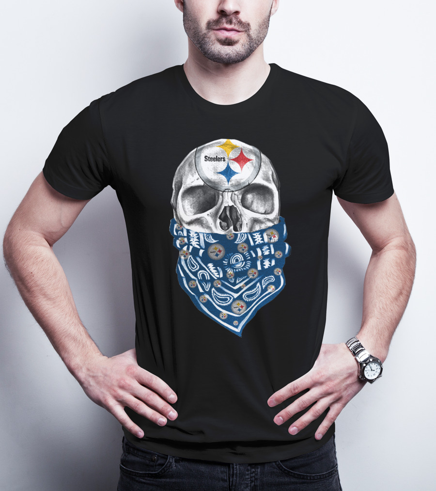 Pittsburgh Steelers Skull Bandana With Team Logo Elements T-Shirt
