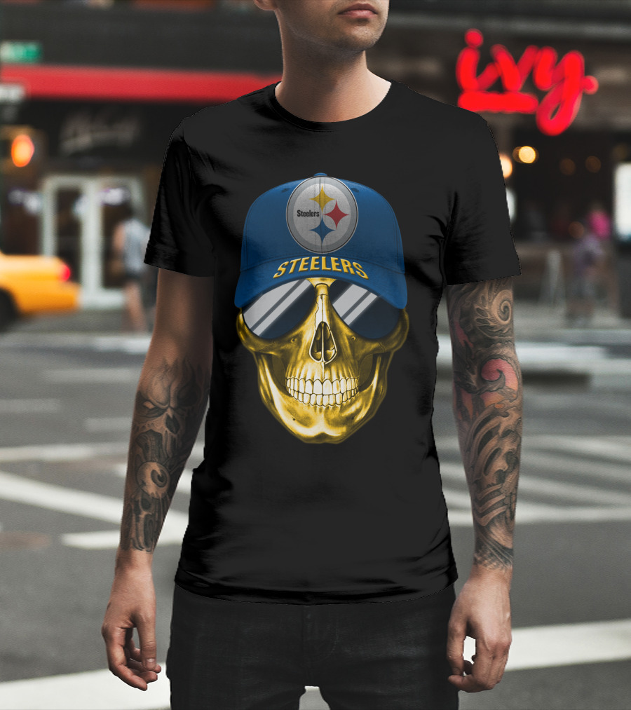 Pittsburgh Steelers Skull Wearing Reflective Sunglasses And Branded Cap T-Shirt