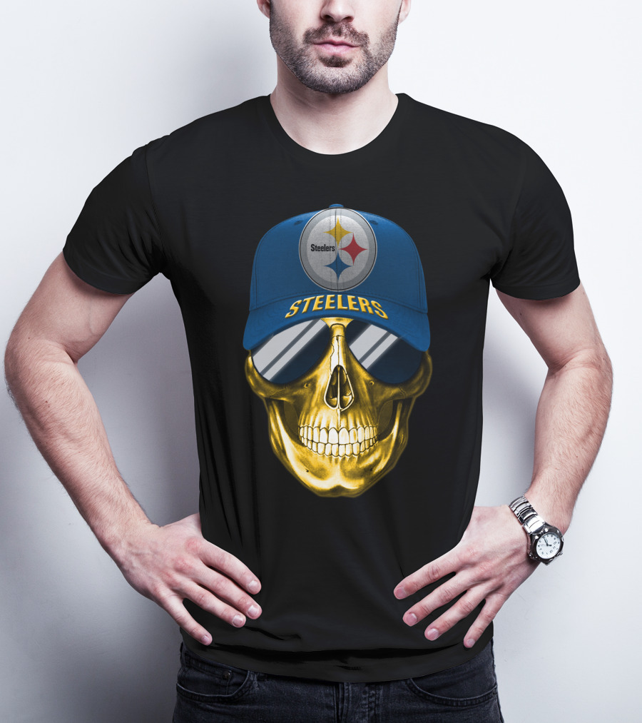 Pittsburgh Steelers Skull Wearing Reflective Sunglasses And Branded Cap T-Shirt