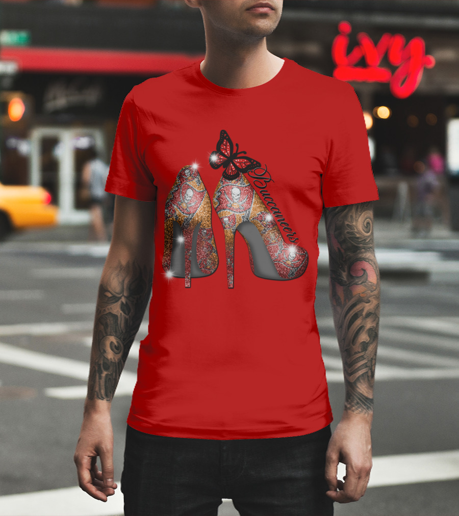 Buccaneers Heels With Red And Gold Skull Pattern Butterfly Accent T-Shirt