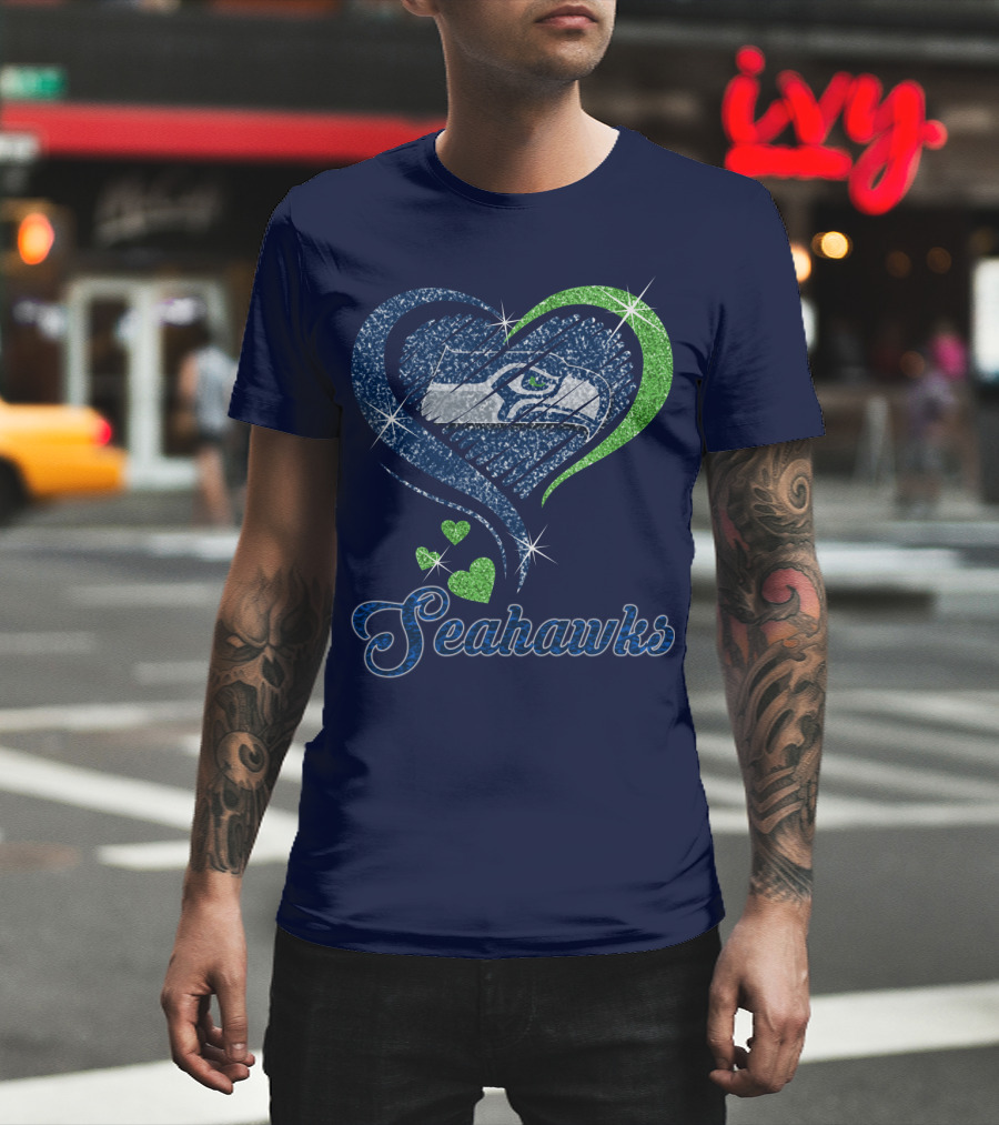 Seahawks Heart Logo With Green And Blue Sparkles T-Shirt