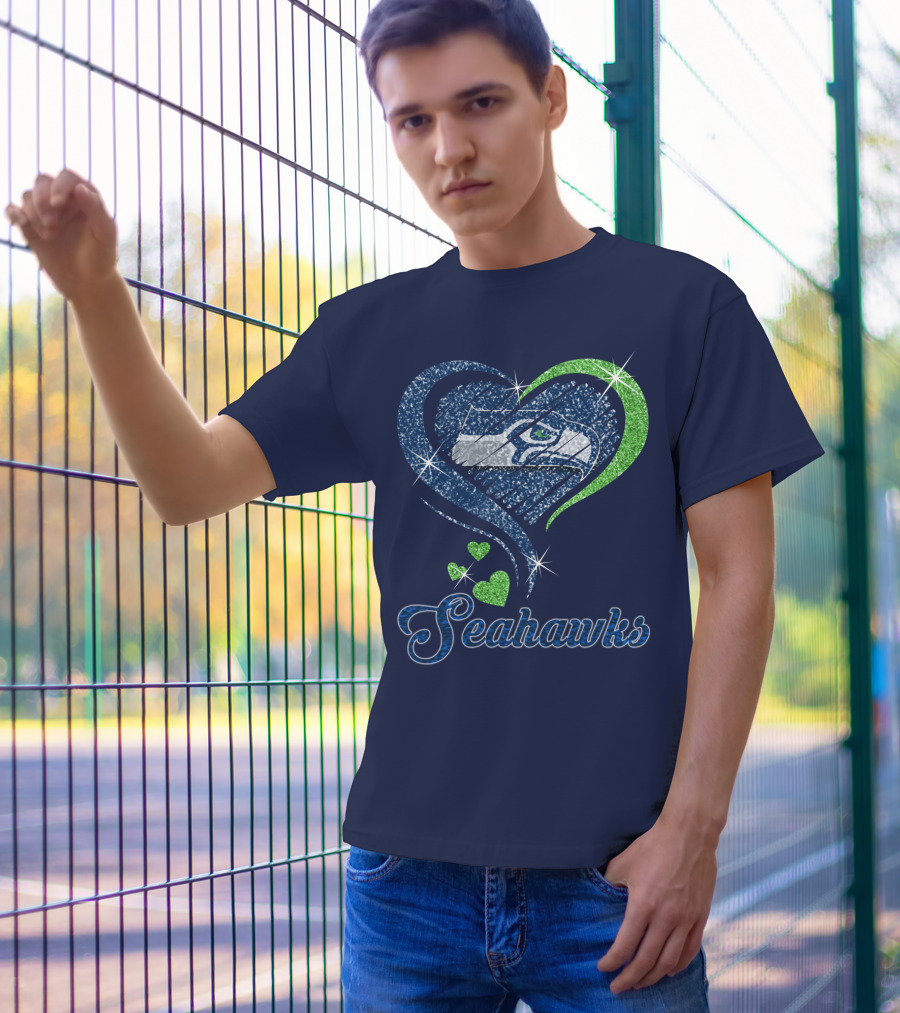 Seahawks Heart Logo With Green And Blue Sparkles T-Shirt