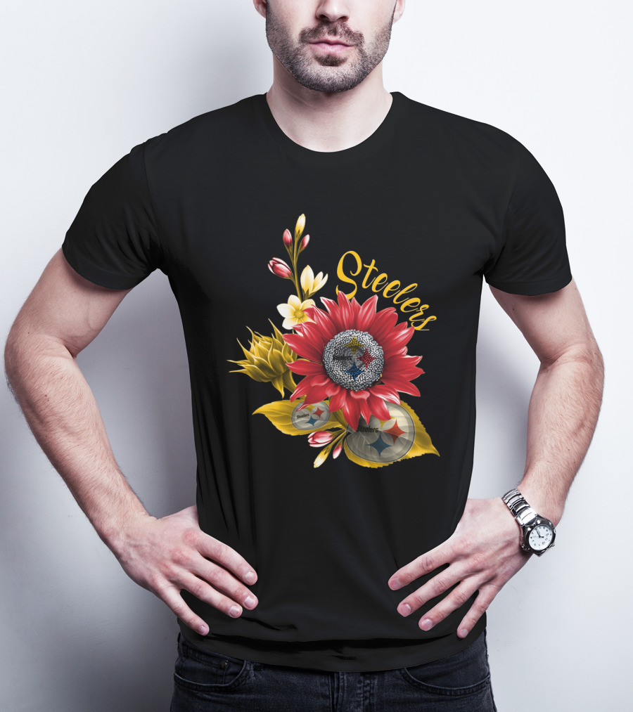 Steelers Floral Emblem With Pittsburgh Steelers Logos And Blooming Flowers T-Shirt