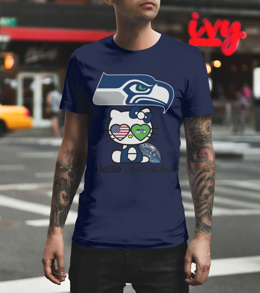 Seattle Seahawks Hello Kitty With Heart Eyes American Flag T-Shirt
