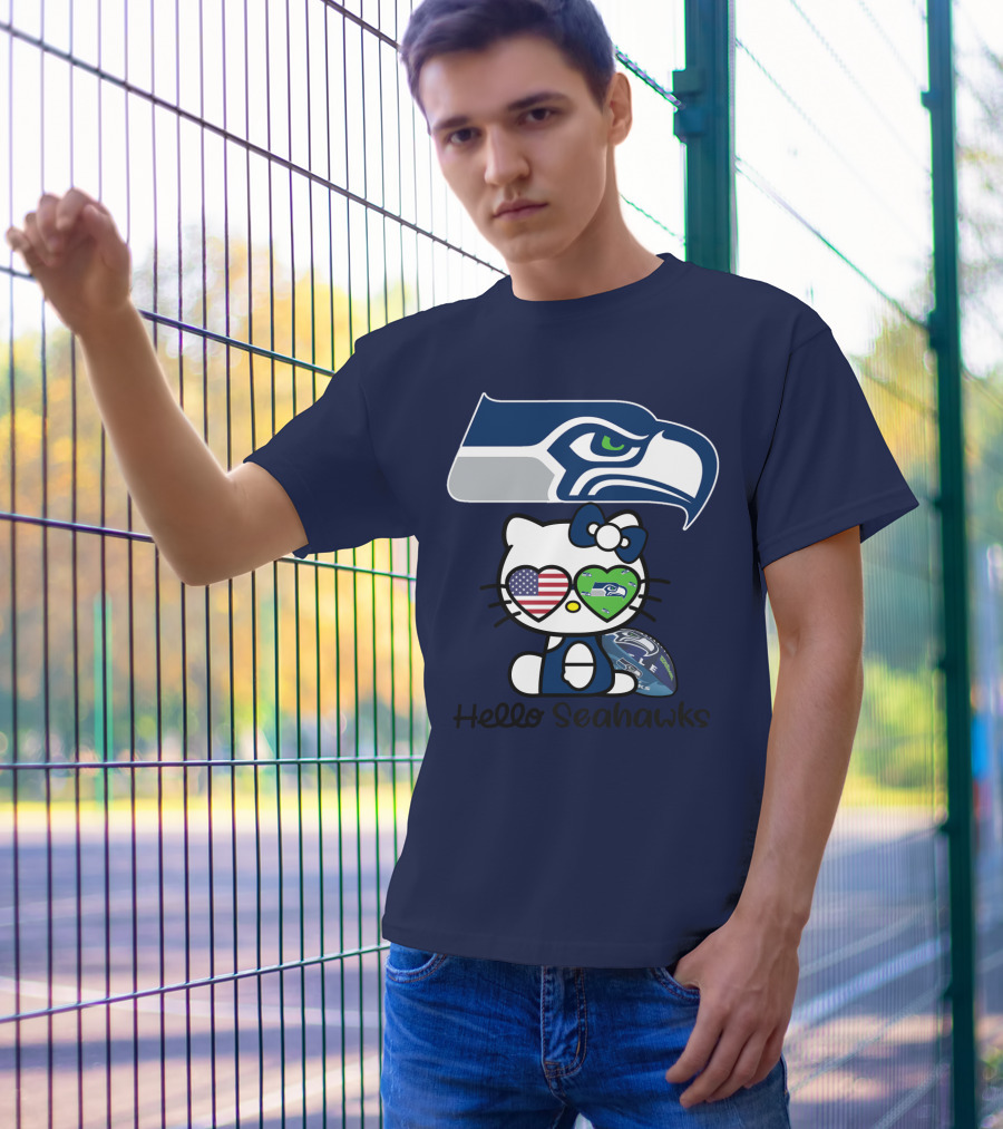 Seattle Seahawks Hello Kitty With Heart Eyes American Flag T-Shirt