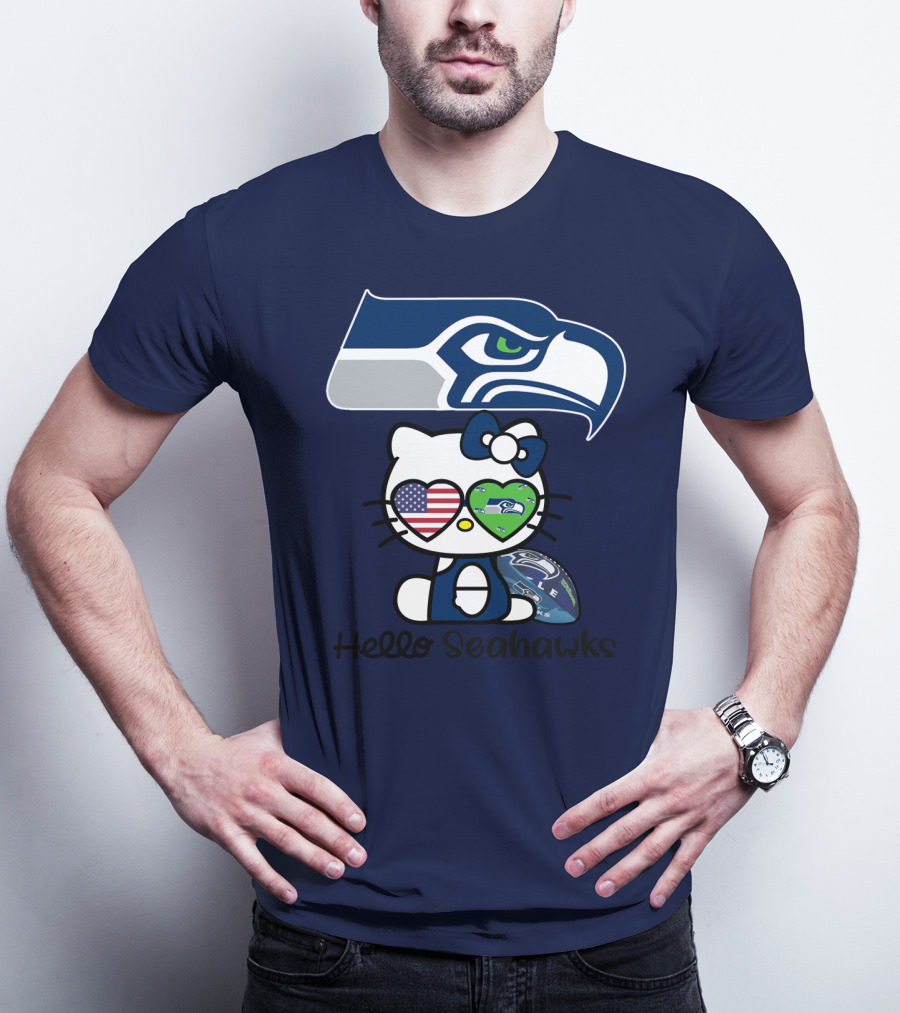 Seattle Seahawks Hello Kitty With Heart Eyes American Flag T-Shirt