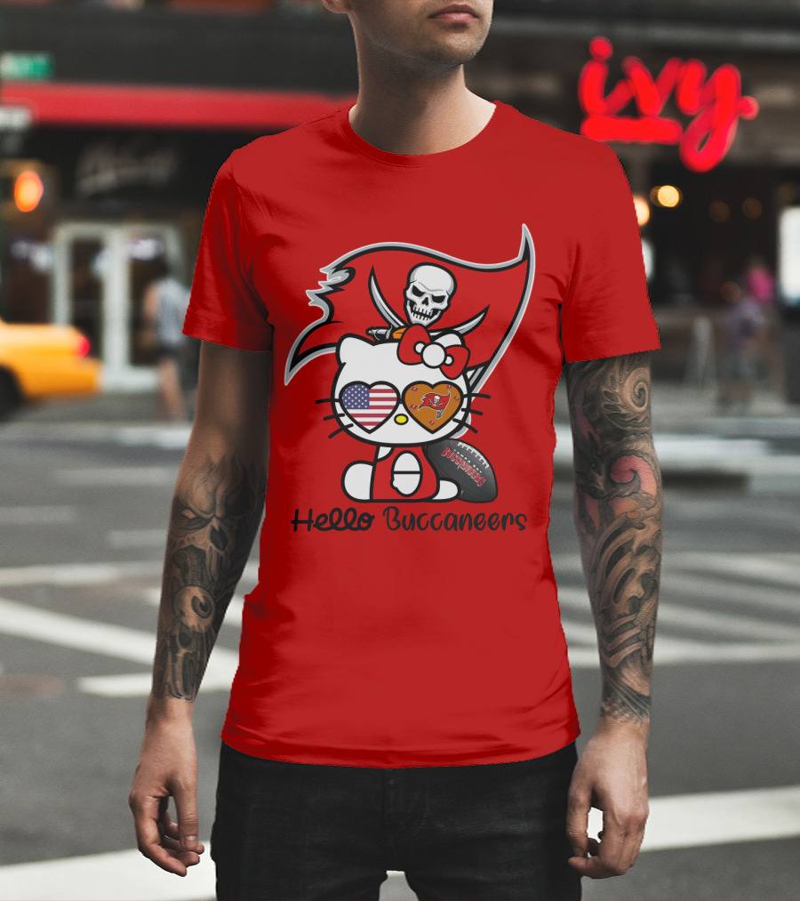 Hello Buccaneers Tampa Bay Buccaneers Football Skull Flag Kitty T-Shirt